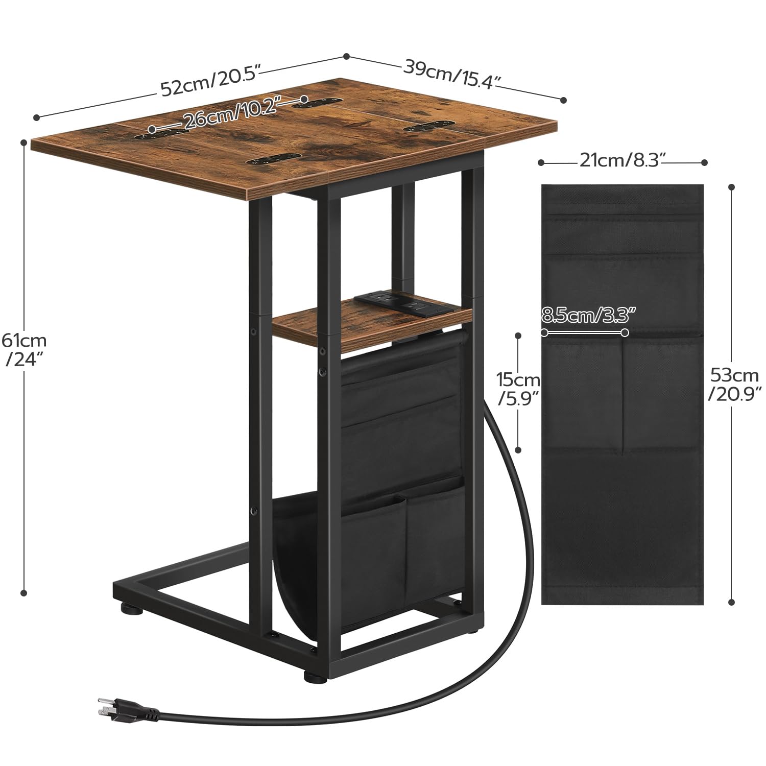 HOOBRO C Shaped Side Table with Charging Station, Foldable End Table with Storage Bag, Sofa Couch Table Snack Table for Small Space in Living Room, Bedroom, Rustic Brown and Black BF101USF01