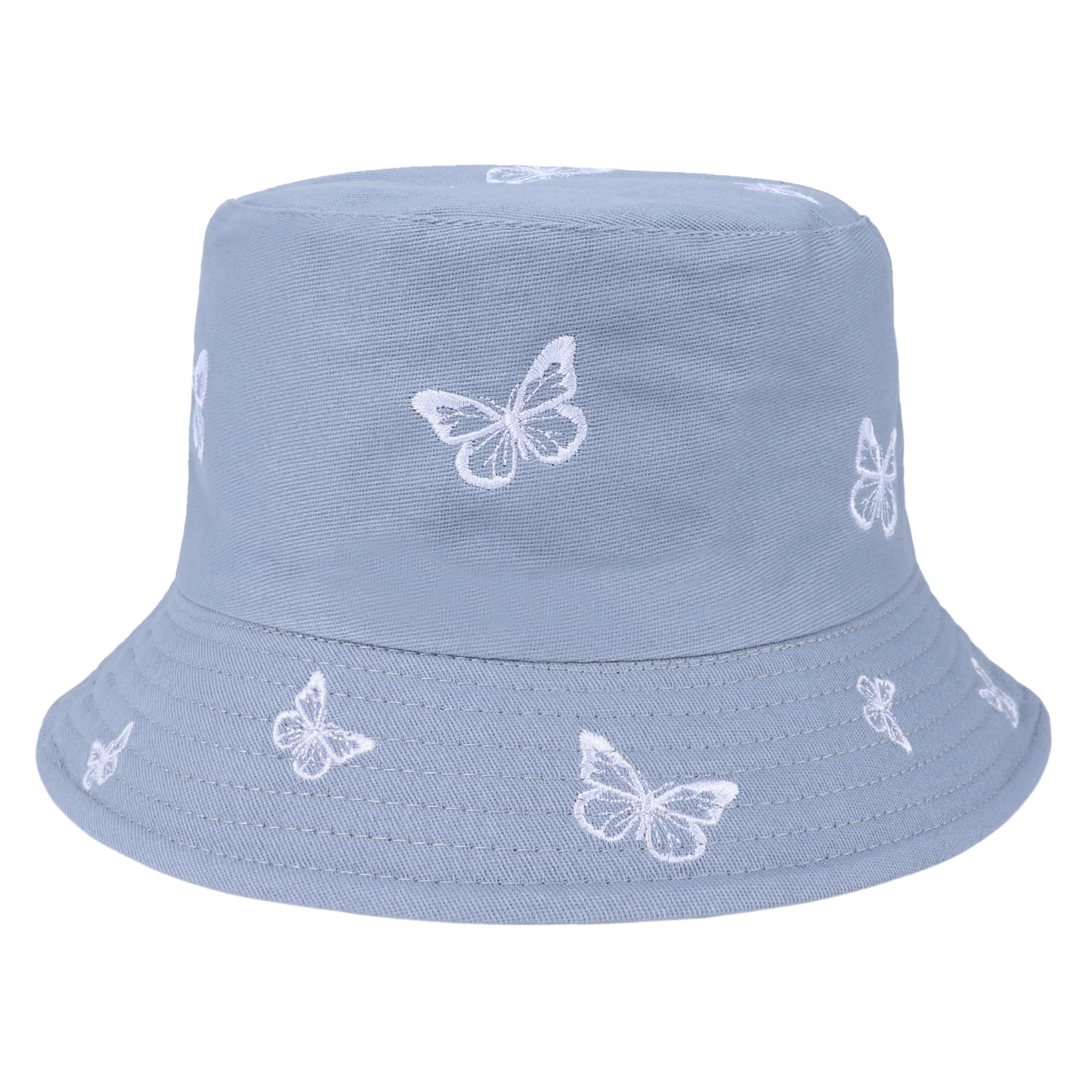 Umeepar Butterfly Embroidered Bucket Hat Reversible Packable Foldable Beach Sun Hat Outdoor Cap for Women Men (US, Alpha, Medium, Butterfly Misty Blue/Plain Misty Blue)