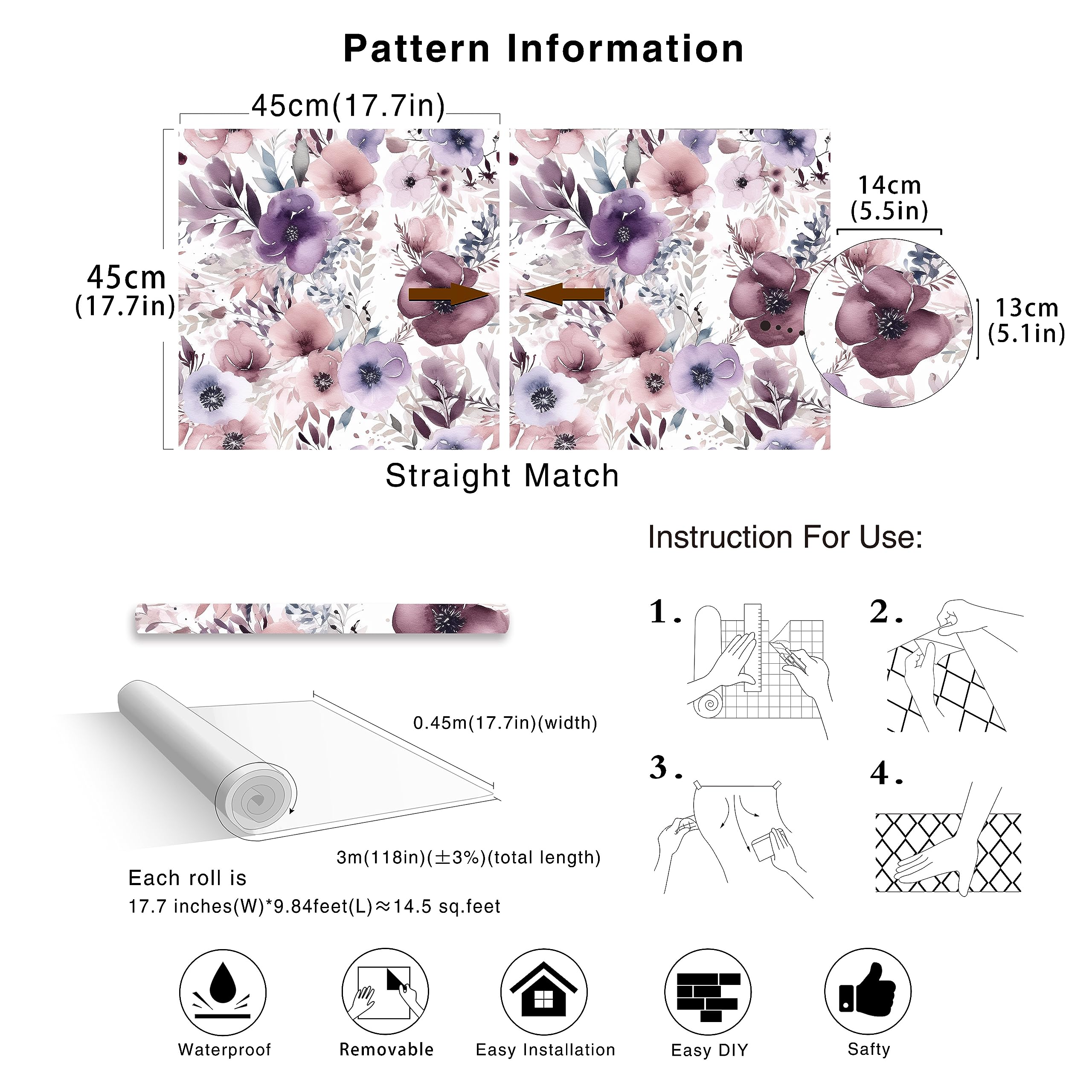 HAOKHOME 93349 Floral Peel and Stick Wallpaper Removable Wall Paper Mauve/Purple/White Vinyl Stick on Wall Contact Paper 17.7in x 9.8ft