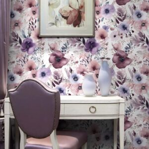 HAOKHOME 93349 Floral Peel and Stick Wallpaper Removable Wall Paper Mauve/Purple/White Vinyl Stick on Wall Contact Paper 17.7in x 9.8ft