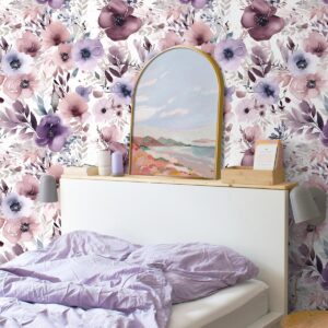 HAOKHOME 93349 Floral Peel and Stick Wallpaper Removable Wall Paper Mauve/Purple/White Vinyl Stick on Wall Contact Paper 17.7in x 9.8ft