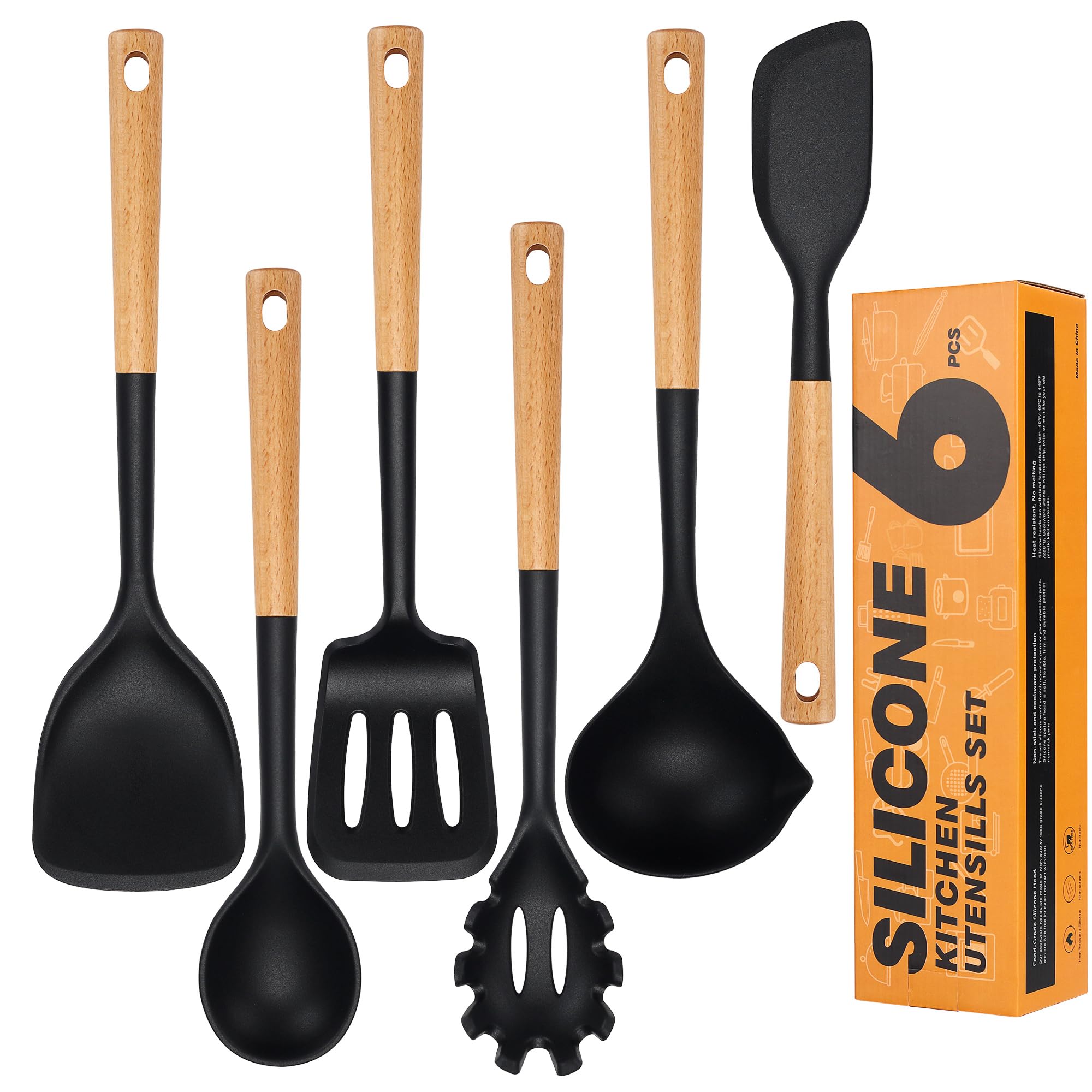 Kitchen Utensils Set, Hvygss Black Silicone Cooking Utensils Set with Wooden Handle Heat Resistant Large Silicone Utensil Set Spoons Spatula Set