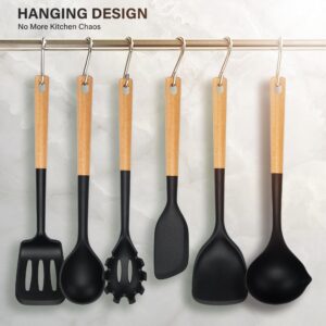 Kitchen Utensils Set, Hvygss Black Silicone Cooking Utensils Set with Wooden Handle Heat Resistant Large Silicone Utensil Set Spoons Spatula Set