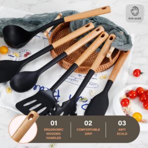 Kitchen Utensils Set, Hvygss Black Silicone Cooking Utensils Set with Wooden Handle Heat Resistant Large Silicone Utensil Set Spoons Spatula Set