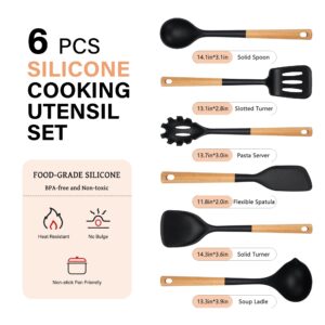 Kitchen Utensils Set, Hvygss Black Silicone Cooking Utensils Set with Wooden Handle Heat Resistant Large Silicone Utensil Set Spoons Spatula Set