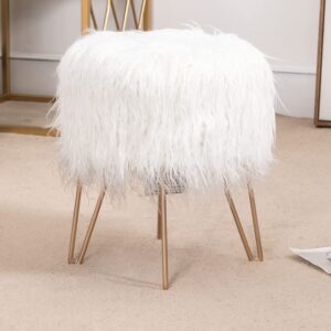 adeco vanity stool chair round faux fur ottoman with metal legs, soft furry footrest stool padded seat, upholstered decorative furniture for bedroom living room, white small