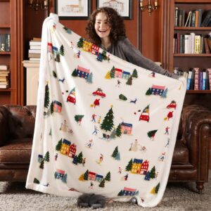 cozy bliss white reversible sherpa throw blanket for couch, ski resort print plush blanket for teenage gift, super soft warm spring throw blanket for sofa bed travel camping (white, 50"x60")