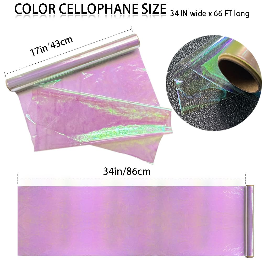 1 Roll 50ft Iridescent Cellophane Roll, iridescent wrapping paper, Holographic Cellophane Wrap Roll, cellophane wrap for Gift Baskets Flower Crafts Candy Gifts Wrapping Paper, 50' Long x 17" Wide