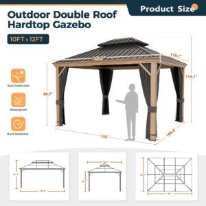 HAPPATIO 10' x 12' Hardtop Gazebo, Outdoor Wood Grain Frame Aluminum Metal Gazebo with Galvanized Steel Double Roof，Patio Gazebo Canopy with Netting and Curtains for Patio, Deck，Backyard (Gray)