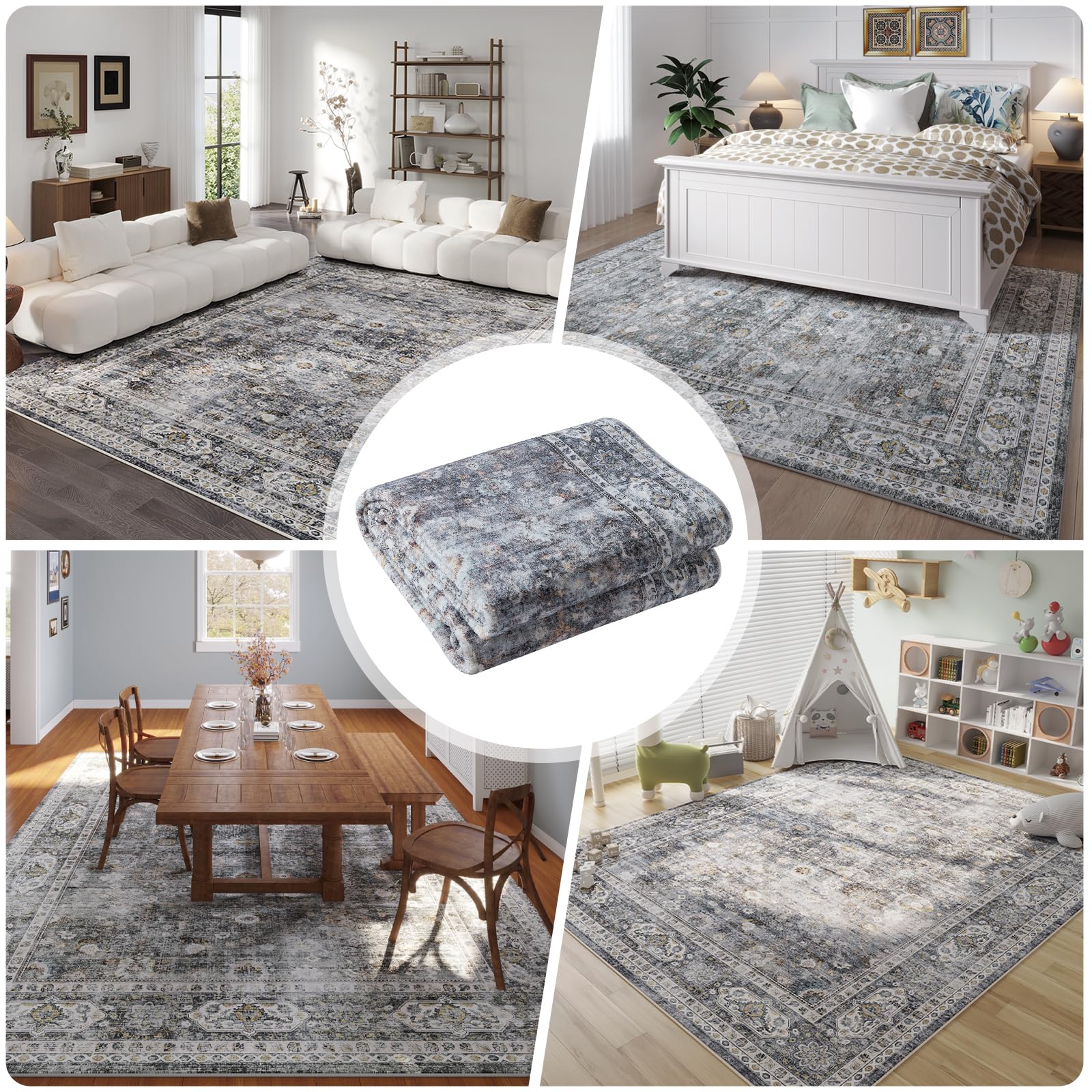 Rugcomf 8x10 Rug Washable Boho Rug Soft Large Area Rug Non-Slip Non-Shedding Faux Wool Vintage Rug for Living Room, Farmhouse, Dining Room, Indoor, Kids Playroom (Grey and Brown)