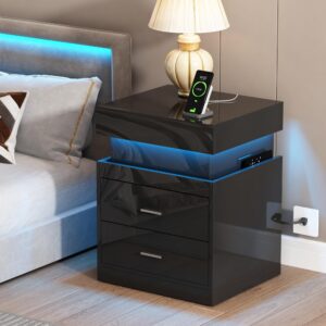 choochoo led nightstand with charging station,smart night stand with sliding top storage, 2-drawers high gloss bedside table, modern end table for bedroom,black