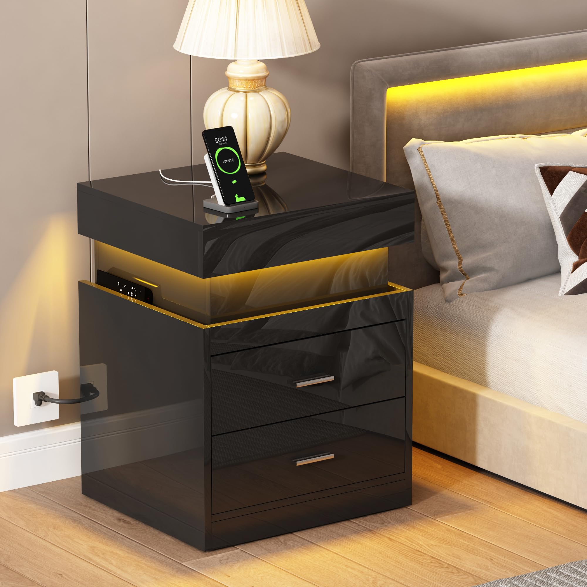 ChooChoo LED Nightstand with Charging Station,Smart Night Stand with Sliding Top Storage, 2-Drawers High Gloss Bedside Table, Modern End Table for Bedroom,Black