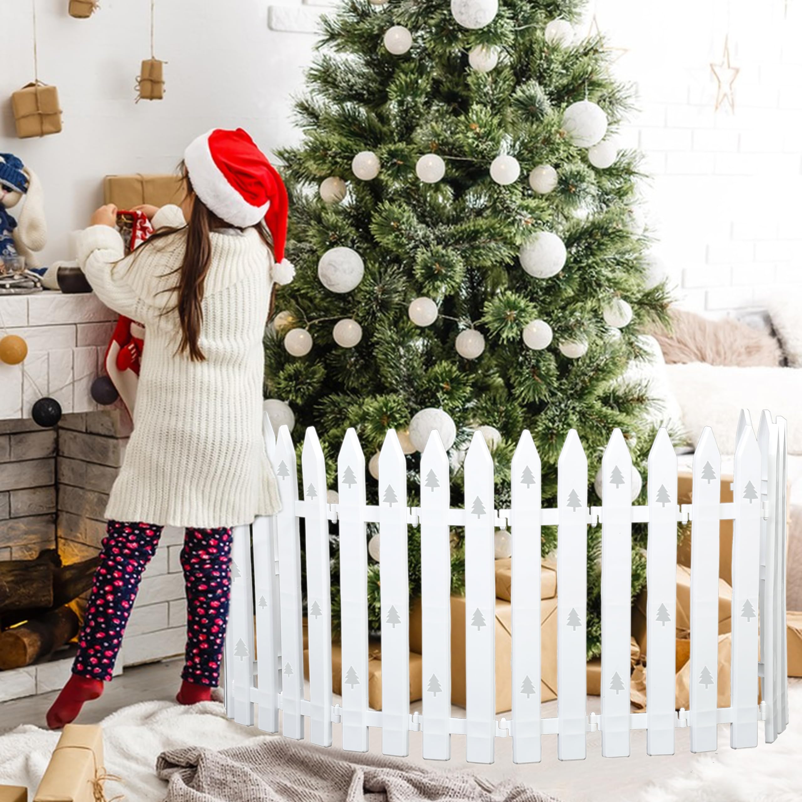 Extra Large 16” Christmas Tree Fence, 12pcs Christmas Tree Gate, White Picket Fence for Kids, Toddlers, Christmas Tree Barrier&Protector for Dogs, Cats