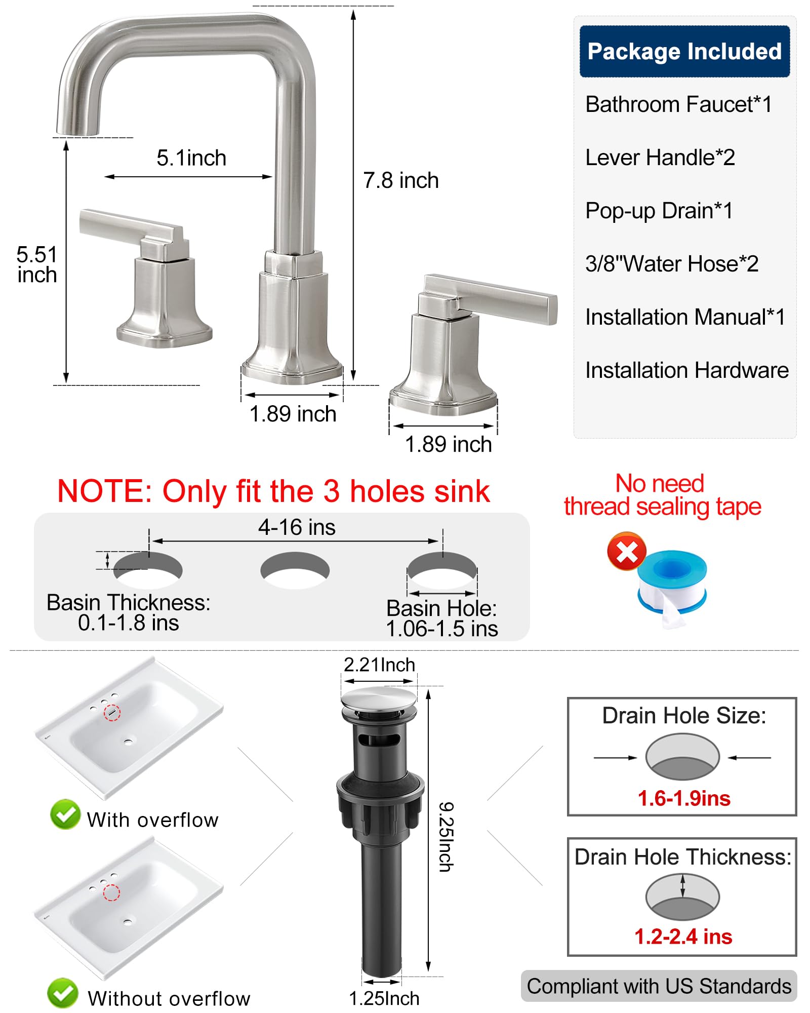 HOIGY 8 Inch Widespread Bathroom Faucet Brushed Nickel Bathroom Sink Faucet 3 Hole, 360 Degree Swivel Bathroom Faucets for Sink, 2 Handles Bath Faucet with Pop-Up Drain, 5 Mins Easy Installation