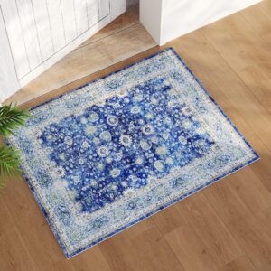 rugcomf door mat indoor entrance 2x3 rug machine washable boho soft floral small area rug non-slip low pile throw rugs for entryway, kitchen, front door indoor entrance, entry, kids room (blue)