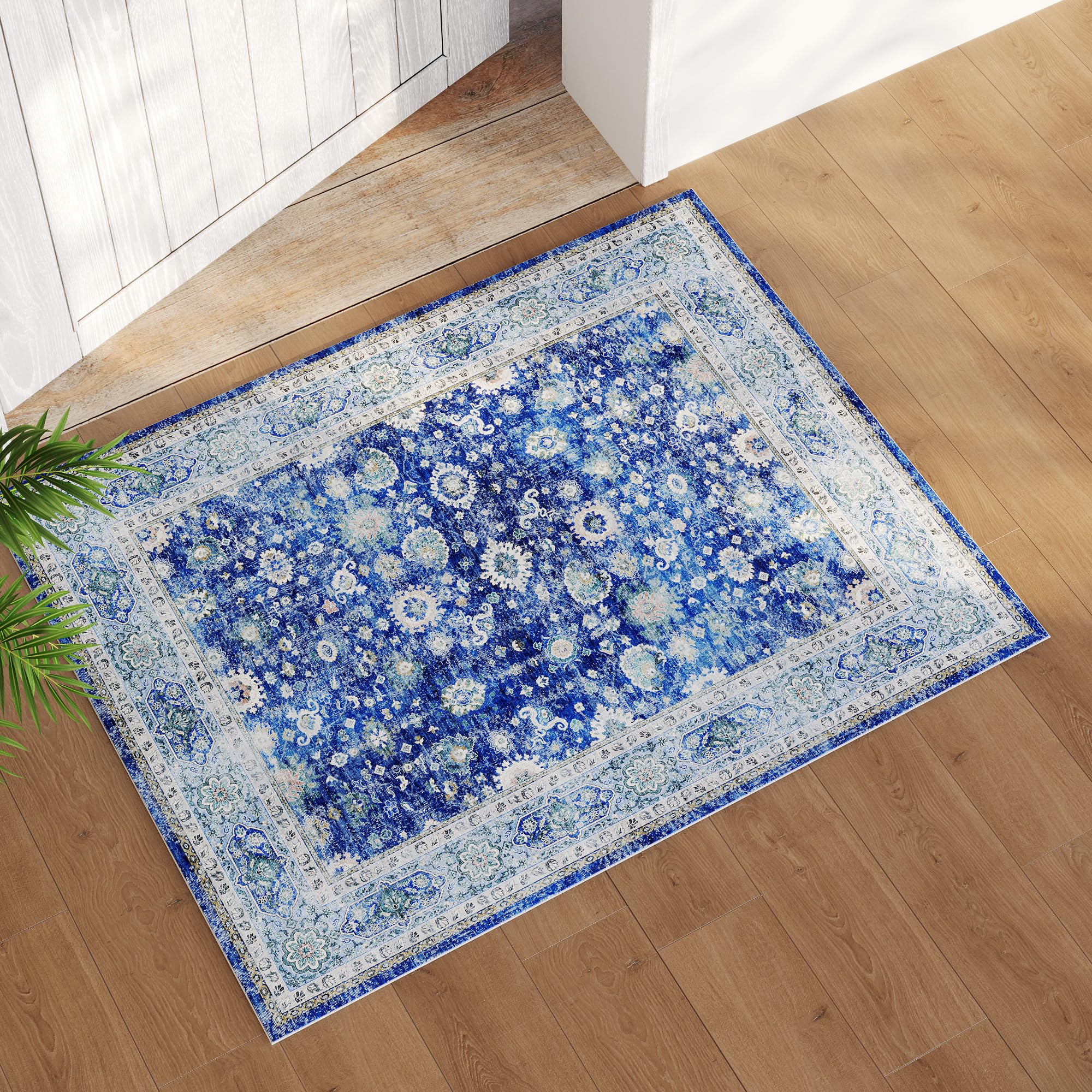 Rugcomf Door Mat Indoor Entrance 2x3 Rug Machine Washable Boho Soft Floral Small Area Rug Non-slip Low Pile Throw Rugs for Entryway, Kitchen, Front Door Indoor Entrance, Entry, Kids Room (Blue)