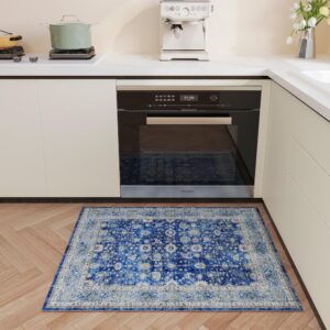 Rugcomf Door Mat Indoor Entrance 2x3 Rug Machine Washable Boho Soft Floral Small Area Rug Non-slip Low Pile Throw Rugs for Entryway, Kitchen, Front Door Indoor Entrance, Entry, Kids Room (Blue)