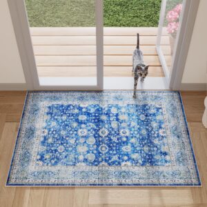 Rugcomf Door Mat Indoor Entrance 2x3 Rug Machine Washable Boho Soft Floral Small Area Rug Non-slip Low Pile Throw Rugs for Entryway, Kitchen, Front Door Indoor Entrance, Entry, Kids Room (Blue)