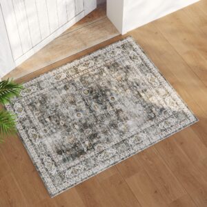 rugcomf 2x3 rug washable boho rug soft small area rug non-slip non-shedding faux wool vintage rug for door mat, kitchen, floor, entryway, powder room (grey and brown)