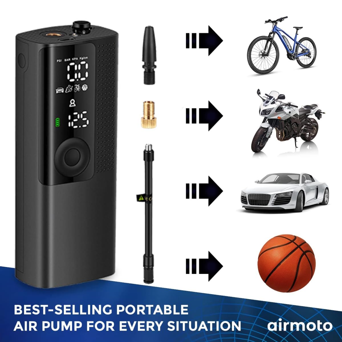 Airmoto Tire Inflator Portable Air Compressor - 3pack - Air Pump for Car Tires with Tire Pressure Gauge (120 PSI) - One Click Smart Pump Tire Inflator for Car, Motorcycle, Bicycle and More