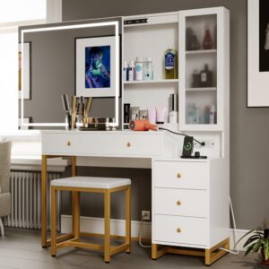 Wildhome Vanity Set with Lighted Mirror and Charging Station, Extra Large Mirror Makeup Vanity Table with Cushioned Stool,5 Drawers, Modern Vanity Table with Nightstand, White and Gold