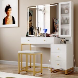 Wildhome Vanity Set with Lighted Mirror and Charging Station, Extra Large Mirror Makeup Vanity Table with Cushioned Stool,5 Drawers, Modern Vanity Table with Nightstand, White and Gold