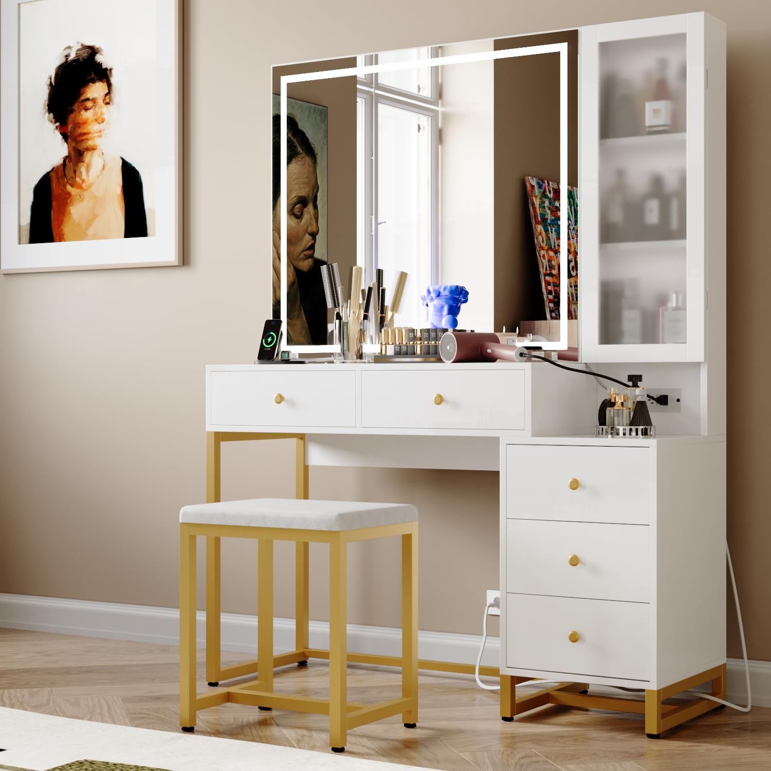 Wildhome Vanity Set with Lighted Mirror and Charging Station, Extra Large Mirror Makeup Vanity Table with Cushioned Stool,5 Drawers, Modern Vanity Table with Nightstand, White and Gold