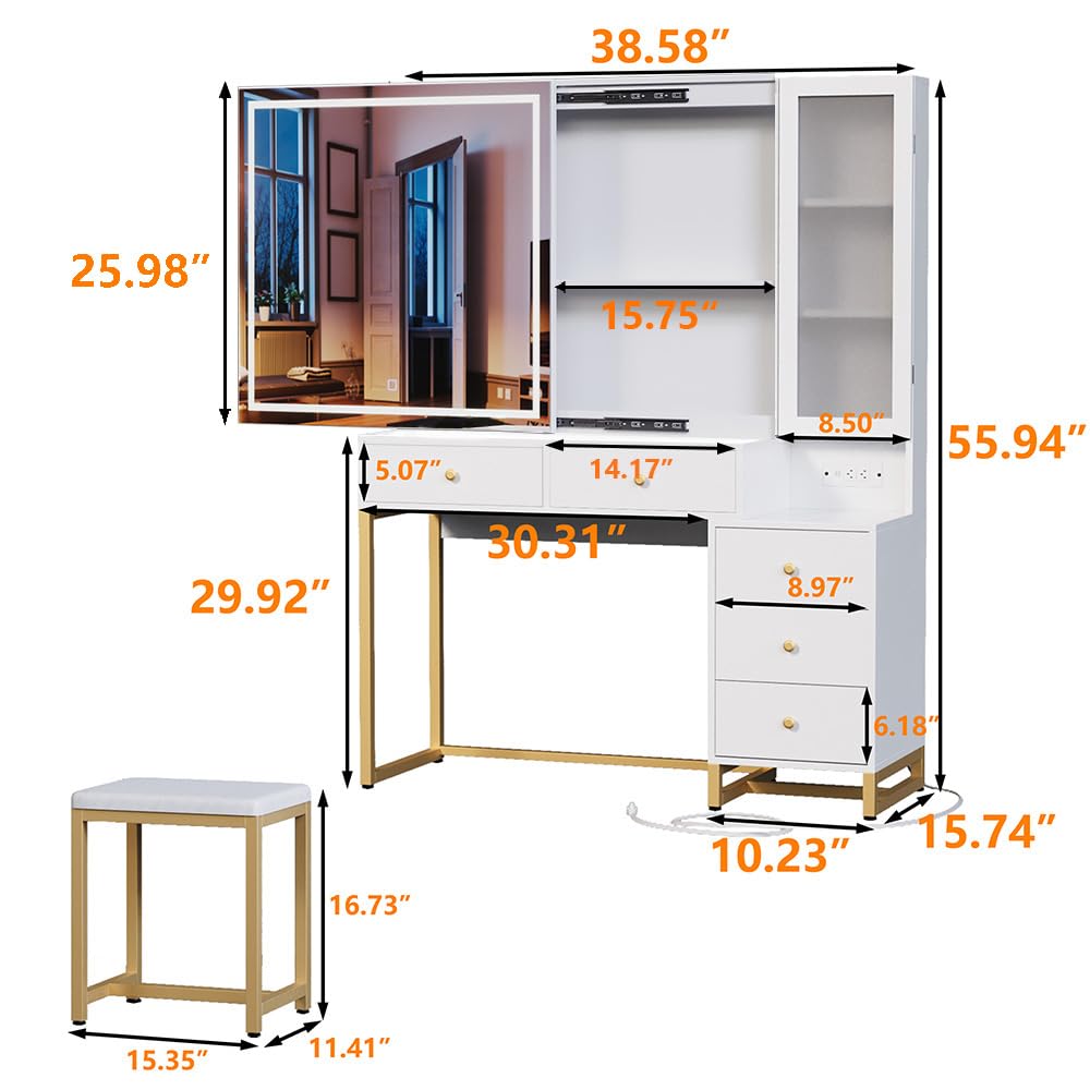 Wildhome Vanity Set with Lighted Mirror and Charging Station, Extra Large Mirror Makeup Vanity Table with Cushioned Stool,5 Drawers, Modern Vanity Table with Nightstand, White and Gold