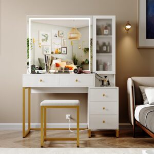 Wildhome Vanity Set with Lighted Mirror and Charging Station, Extra Large Mirror Makeup Vanity Table with Cushioned Stool,5 Drawers, Modern Vanity Table with Nightstand, White and Gold