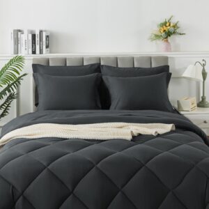 SameBed Queen Size Comforter Set, 7 Pieces Bed in a Bag, Bedding Sets with All Season Soft Quilted Lightweight Comforter, Flat Sheet, Fitted Sheet, 2 Pillow Shams, 2 Pillowcases, Dark Grey