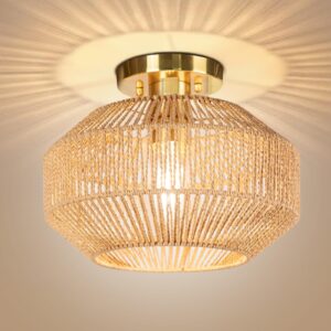 semi flush mount ceiling light paper woven rattan hallway light fixture boho farmhouse ceiling lights for porch hallway kitchen bedroom, bulb not included (woven)