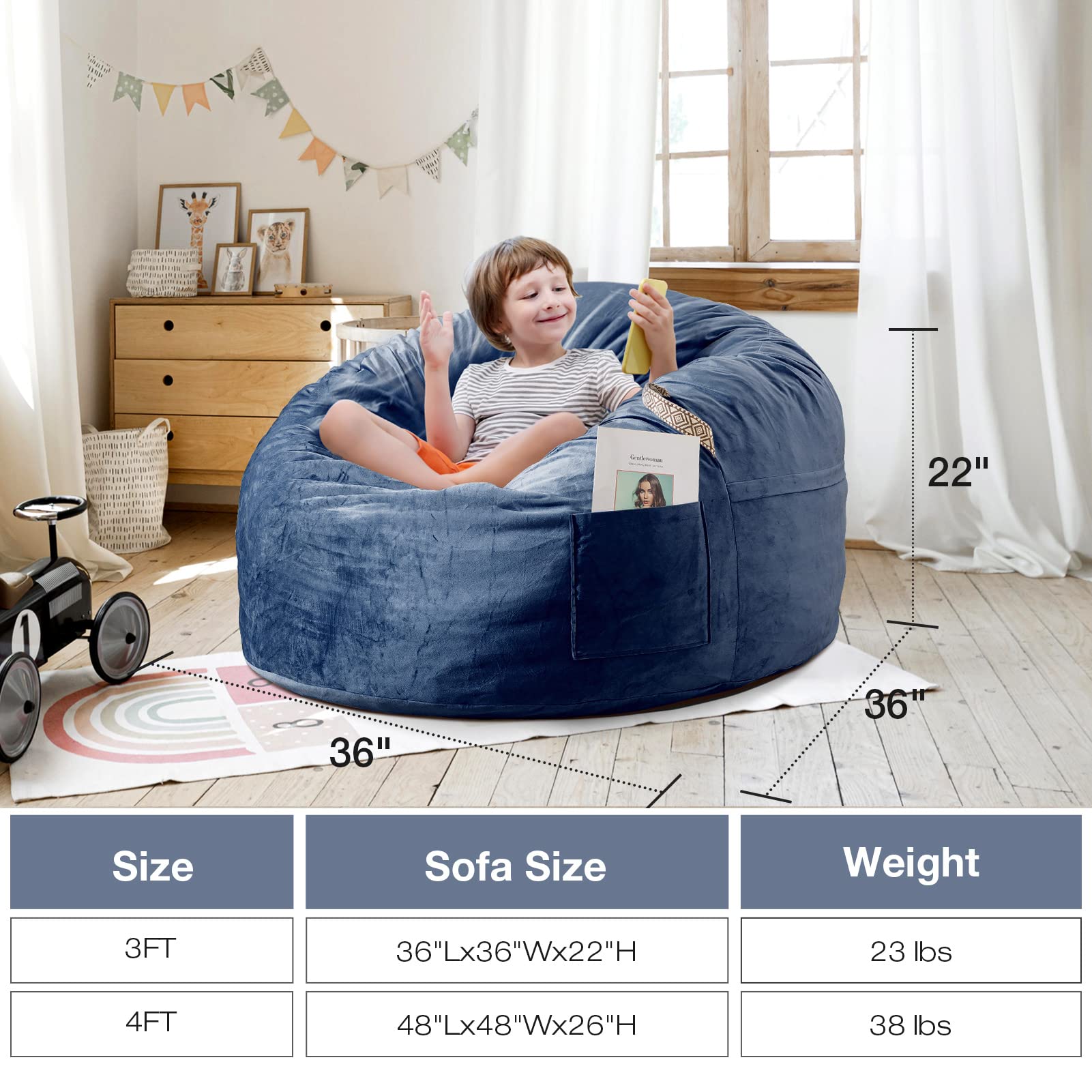 [Removable Outer Cover] Large Bean Bag Chair, 3 ft Bean Bag Chairs for Adults/Kids with Filling,Soft Memory Foam Bean Bag with Filler Included,Machine Washable - 3 Foot,Dark Blue