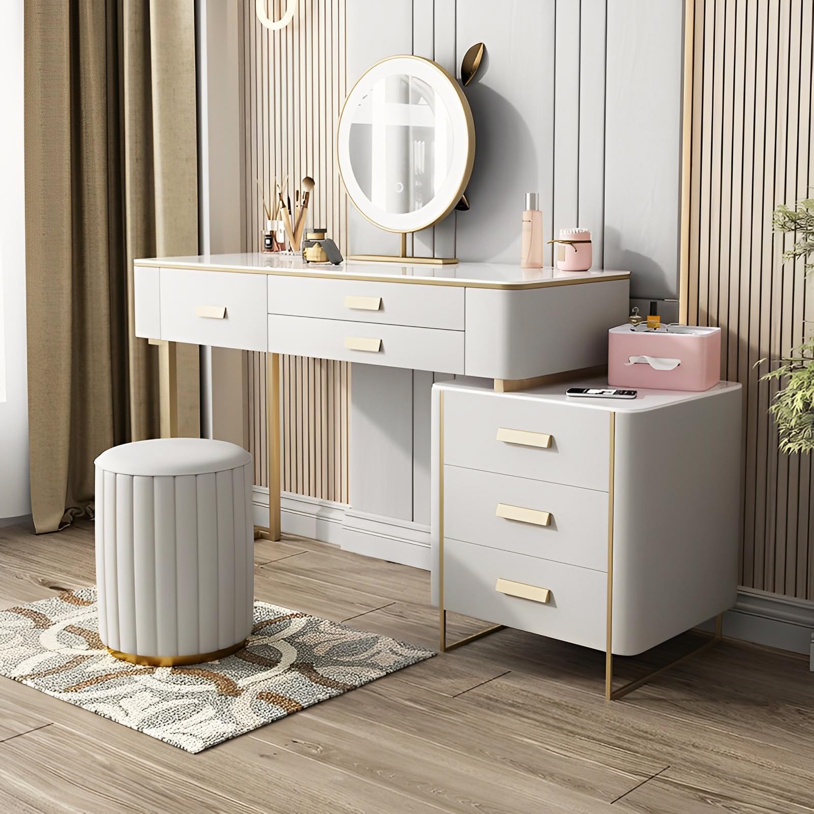 Luxury Makeup Vanity Desk with 6 Solid Wood Drawers, Freely Movable Side Cabinet, Marble Slate Desktop Dressing Table, Microfiber Leather Wrapped Vanity Stool - 39.4In White