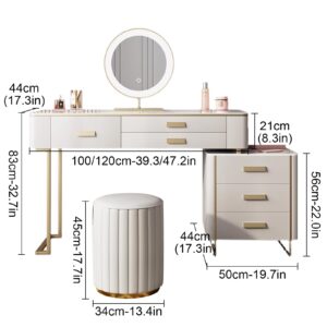 Luxury Makeup Vanity Desk with 6 Solid Wood Drawers, Freely Movable Side Cabinet, Marble Slate Desktop Dressing Table, Microfiber Leather Wrapped Vanity Stool - 39.4In White