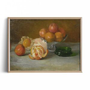 farmhouse still life picture living room - rustic vintage decor for bedroom - tangerine orange fruit moody muted oil painting art deco wall art for kitchen - 11 x 14 art print - antique french poster