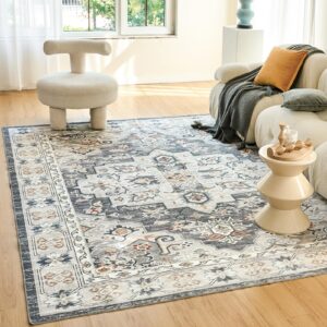 oigae washable rug 8x10, vintage medallion area rugs with non-slip backing, non-shedding floor mat throw carpet for living room bedroom kitchen laundry home office, light grey