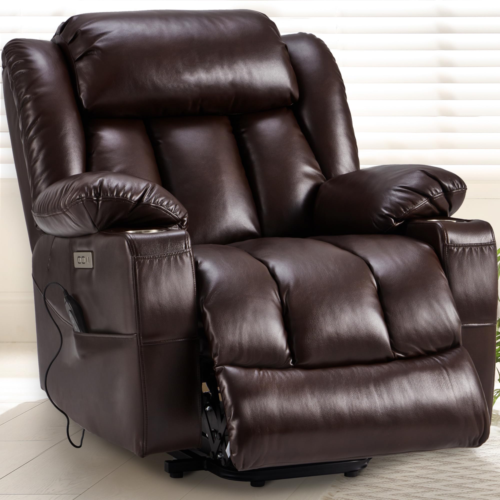 Kasunpul Large Power Lift Recliner Chair with Massage and Heat for Elderly, Overstuffed Wide Recliners, Genuine Leather with Breathable microporous, USB Ports, 2 Cup Holders (Brown)