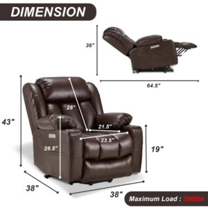 Kasunpul Large Power Lift Recliner Chair with Massage and Heat for Elderly, Overstuffed Wide Recliners, Genuine Leather with Breathable microporous, USB Ports, 2 Cup Holders (Brown)