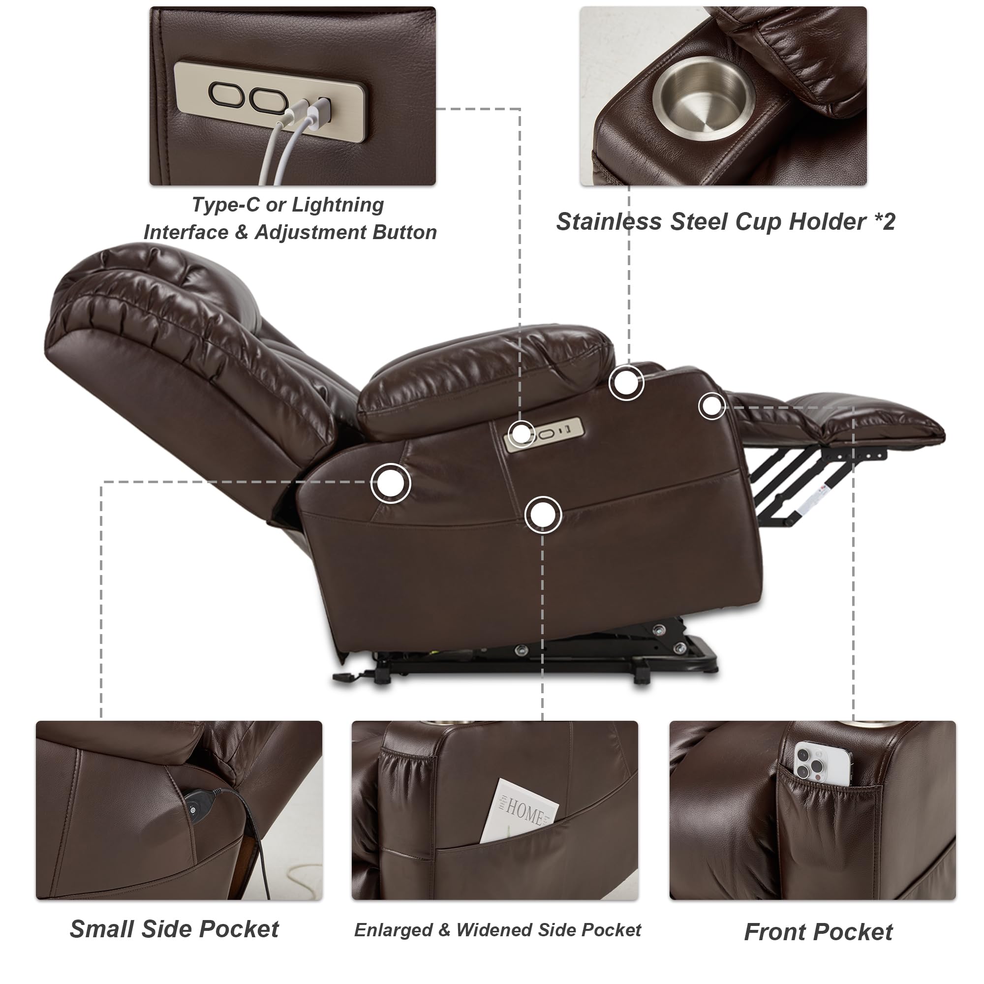 Kasunpul Large Power Lift Recliner Chair with Massage and Heat for Elderly, Overstuffed Wide Recliners, Genuine Leather with Breathable microporous, USB Ports, 2 Cup Holders (Brown)