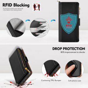 Antsturdy for iPhone 15 Pro Max Wallet Case【RFID Blocking】 PU Leather Phone Case Women Men flip Shockproof Protective Cover with Strap Zipper pocket Credit Card Slots,for Apple 15 ProMax,Black