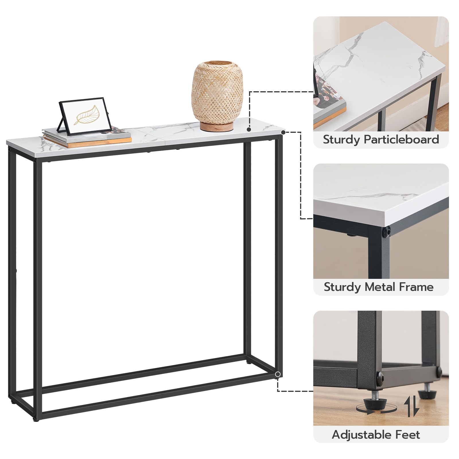 HOOBRO 29.5-Inch Narrow Console Table, Small Sofa Table, Entryway Slim Side Display for Hallway, Bedroom, Living Room, Foyer, Marble and Black BM76XG01