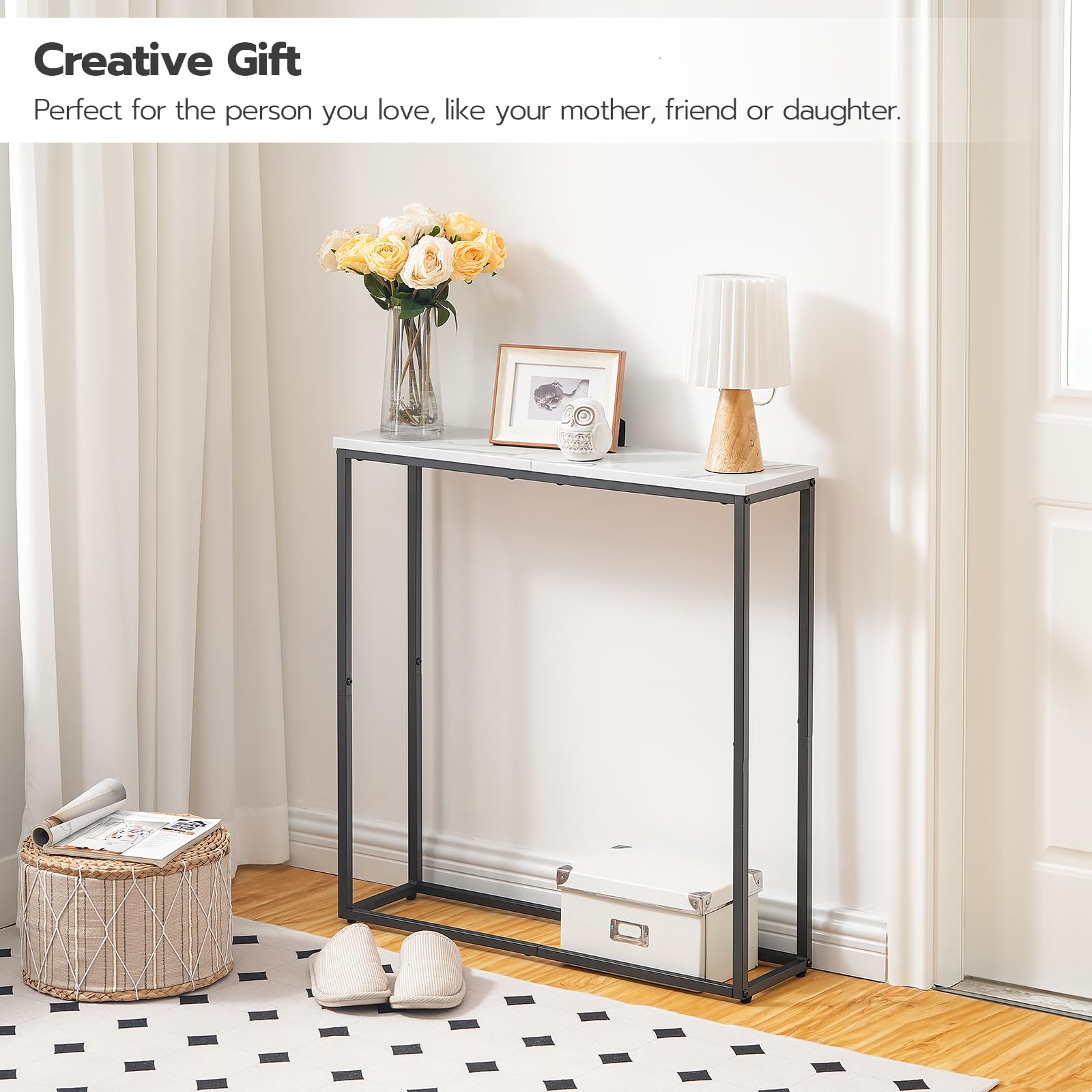 HOOBRO 29.5-Inch Narrow Console Table, Small Sofa Table, Entryway Slim Side Display for Hallway, Bedroom, Living Room, Foyer, Marble and Black BM76XG01