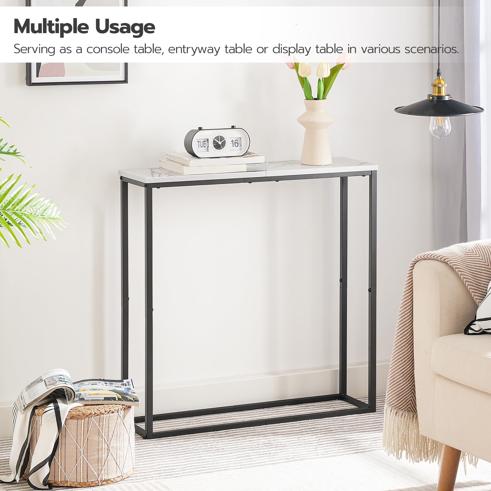 HOOBRO 29.5-Inch Narrow Console Table, Small Sofa Table, Entryway Slim Side Display for Hallway, Bedroom, Living Room, Foyer, Marble and Black BM76XG01