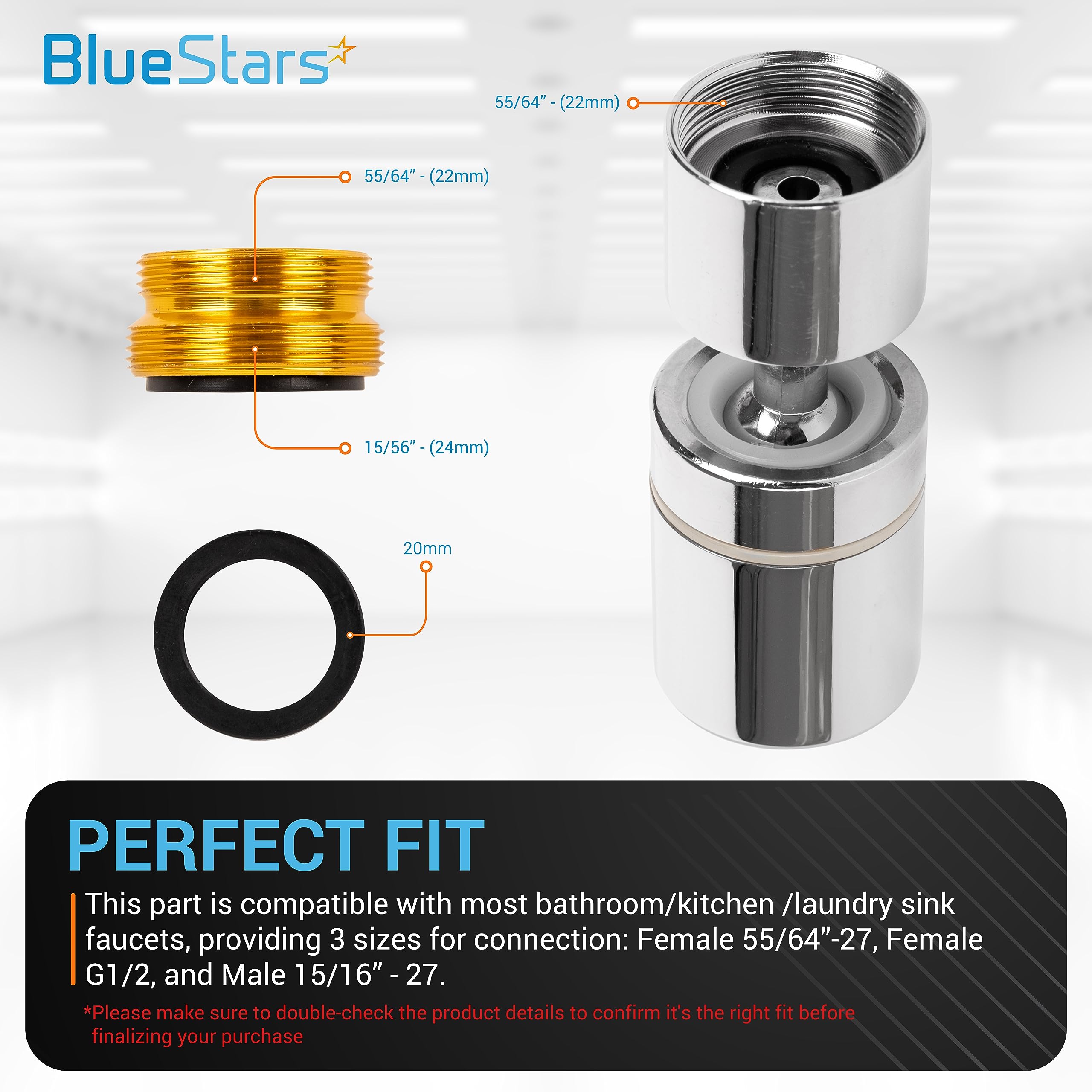 BlueStars Ultra-durable 360° Swivel Kitchen Sink Aerator - Dual-function 2-Flow Sprayer Faucet Head - Water Saving Tap Aerator Faucet Nozzle for Kitchen/Bathroom/Faucet