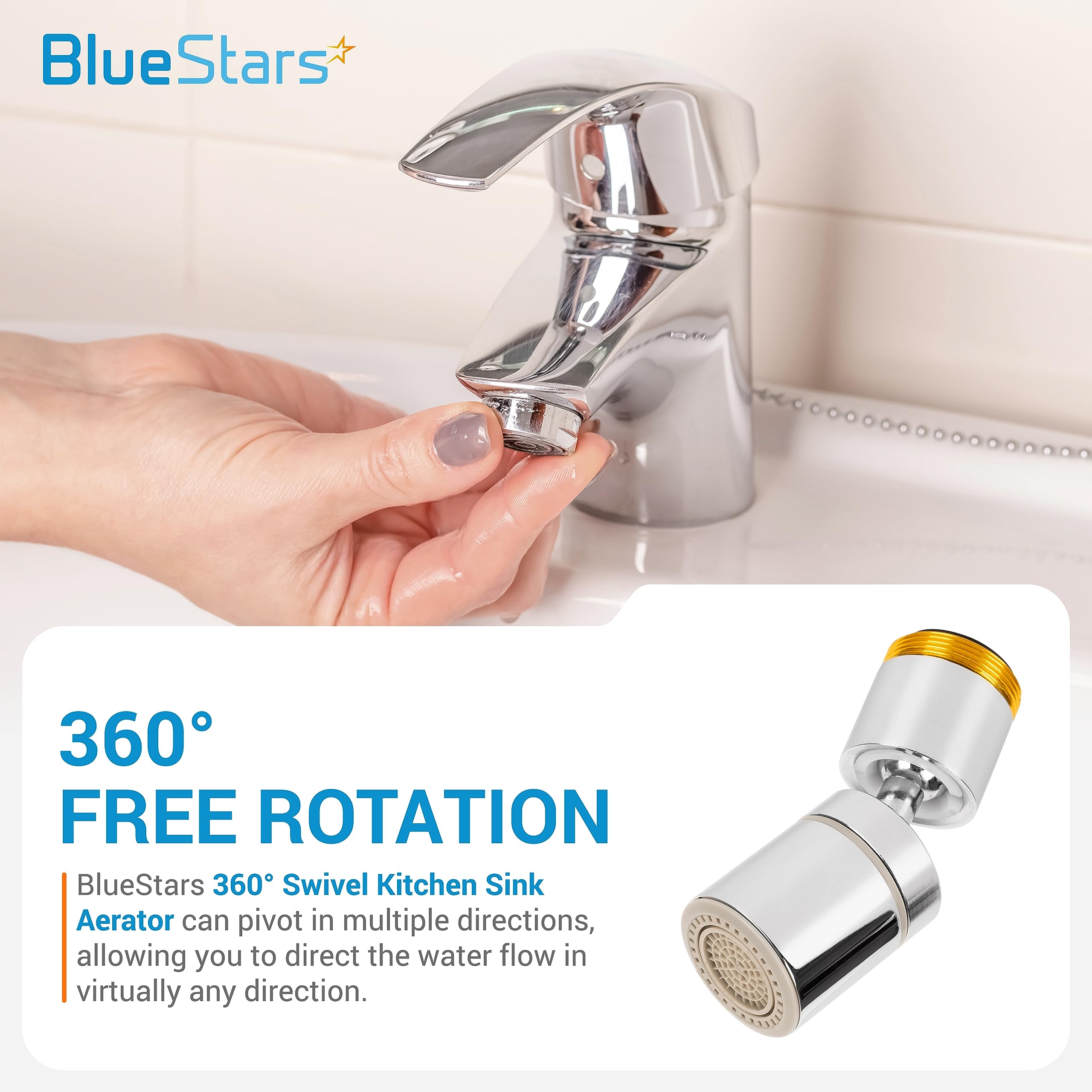 BlueStars Ultra-durable 360° Swivel Kitchen Sink Aerator - Dual-function 2-Flow Sprayer Faucet Head - Water Saving Tap Aerator Faucet Nozzle for Kitchen/Bathroom/Faucet