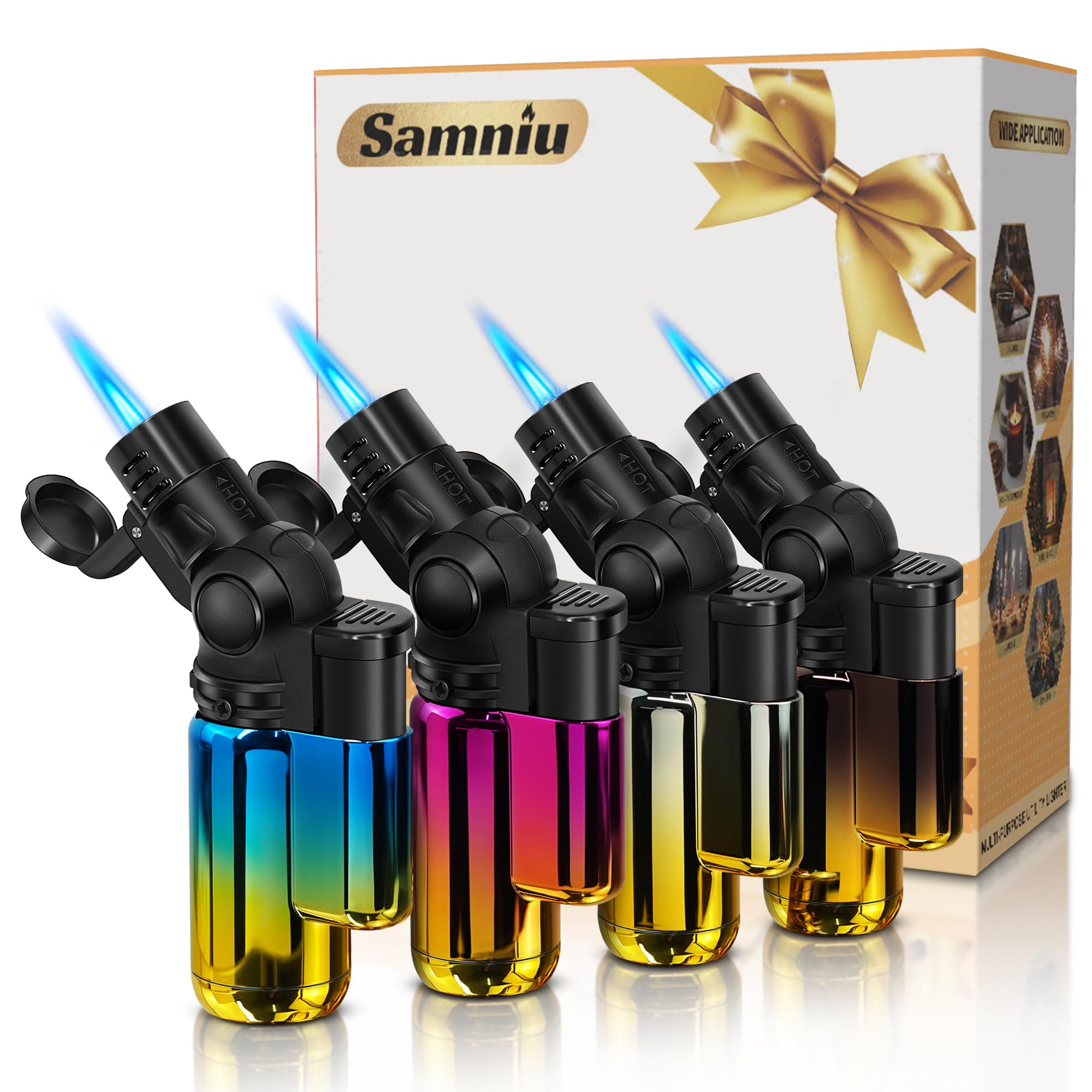 SAMNIU Pack of 4 Torch Lighter, Mini Jet Flame Butane Lighters, Multi-Purpose, 45° Rotatable for Campfires, Candle, Fireplaces, Christmas Party Favors (Gas not Included)