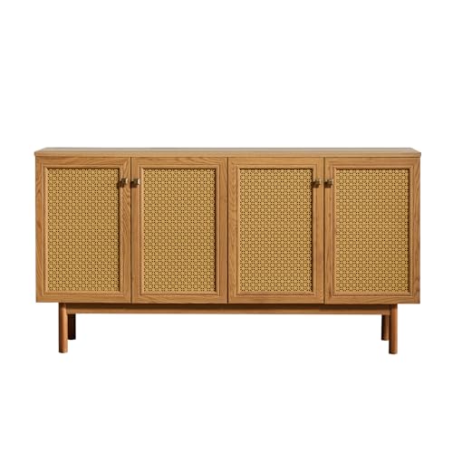 AMERLIFE 63" Sideboard Buffets Cabinet, 2-Adjustable Shelves Sideboard with 4 Doors, Large Accent Storage Credenzas for Living Room, Dining Room, Bedroom, Natural