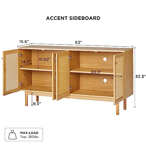 AMERLIFE 63" Sideboard Buffets Cabinet, 2-Adjustable Shelves Sideboard with 4 Doors, Large Accent Storage Credenzas for Living Room, Dining Room, Bedroom, Natural