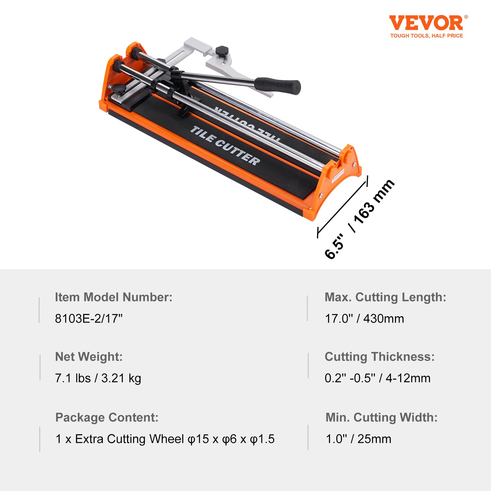 VEVOR Manual Tile Cutter, 17 inch Porcelain Ceramic Tile Cutter with Tungsten Carbide Cutting Wheel, Removable Scale, Anti-Skid Feet, Double Rails for professional installers or beginners