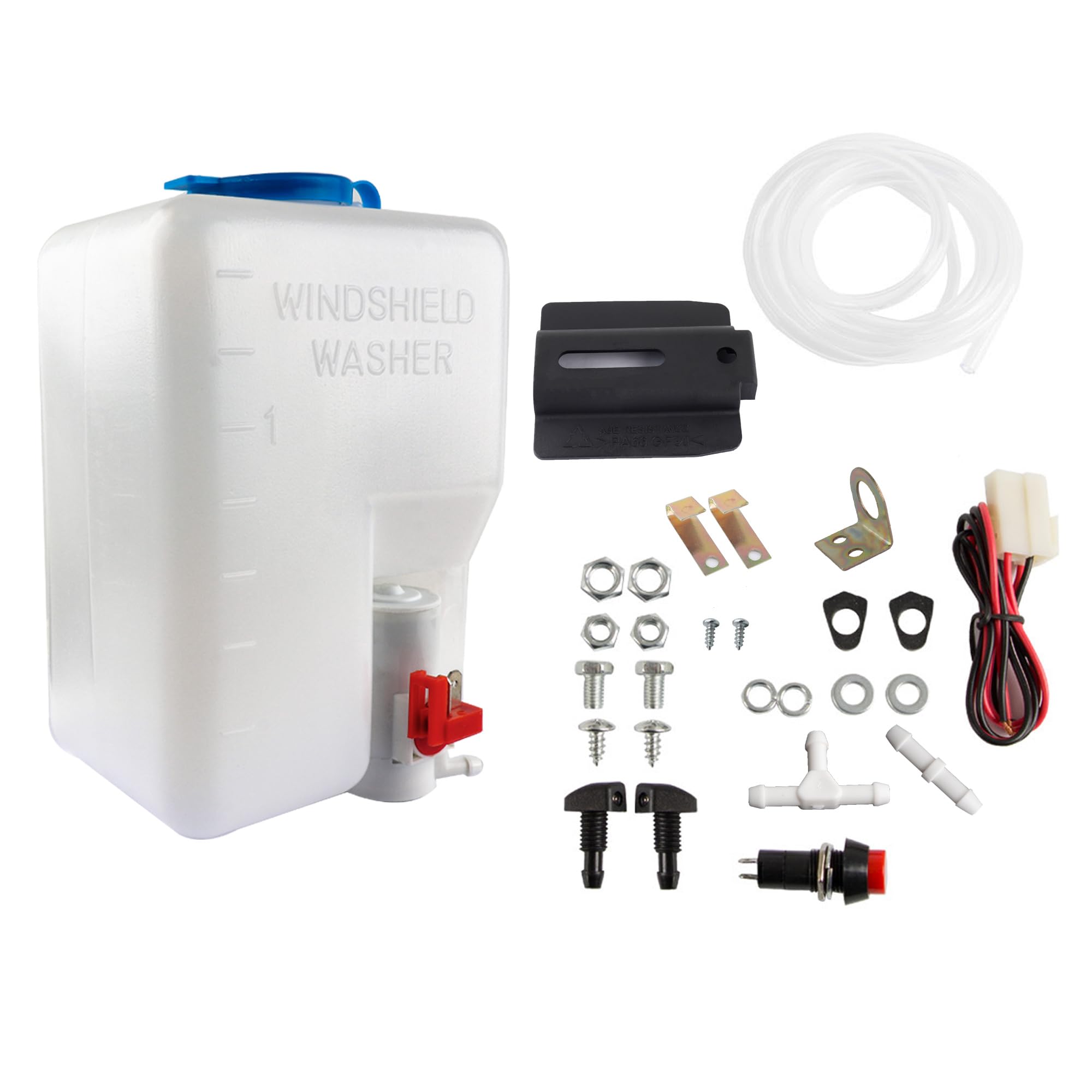 Universal Windshield Washer Reservoir Tank Kit,12V Windshield Washer Bottle with Wiper Pump,Washer Nozzle & Button Switch,OEM#160186 Washer Fluid Reservoir Kit Fit for Car UTV ATV Boat